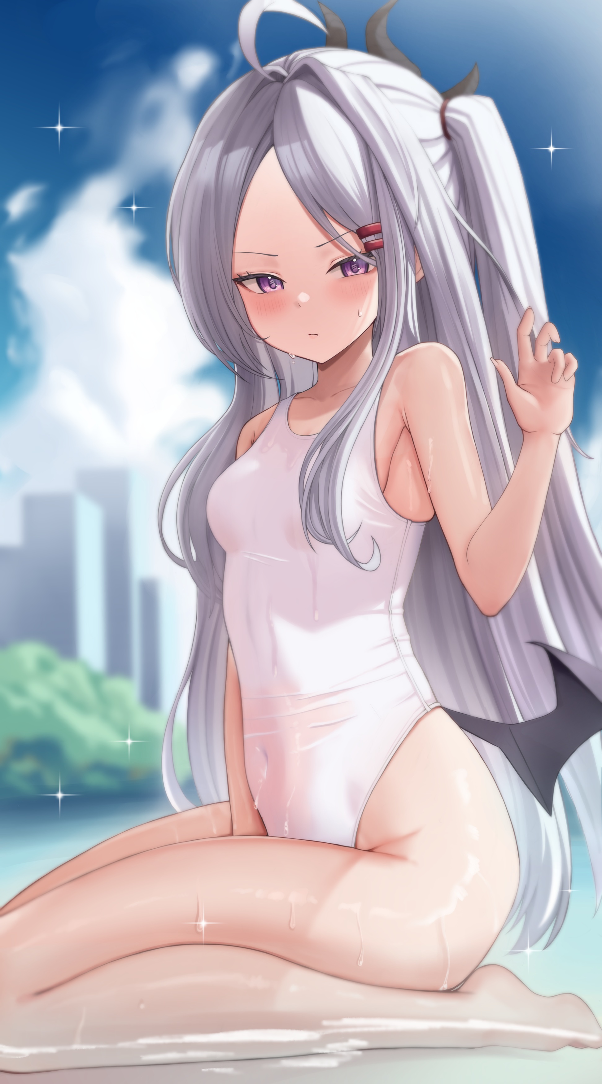 11quadrat blue archive sorasaki hina devil halo horns loli see through swimsuits wet wet clothes ...